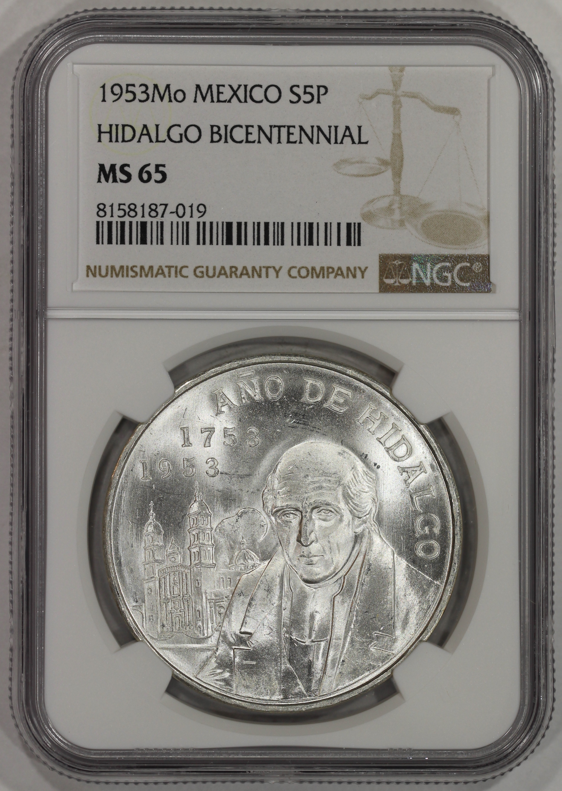 1953 Mo Mexico Silver 5 Pesos Hidalgo Bicentennial NGC MS65 Cinco Pesos ...